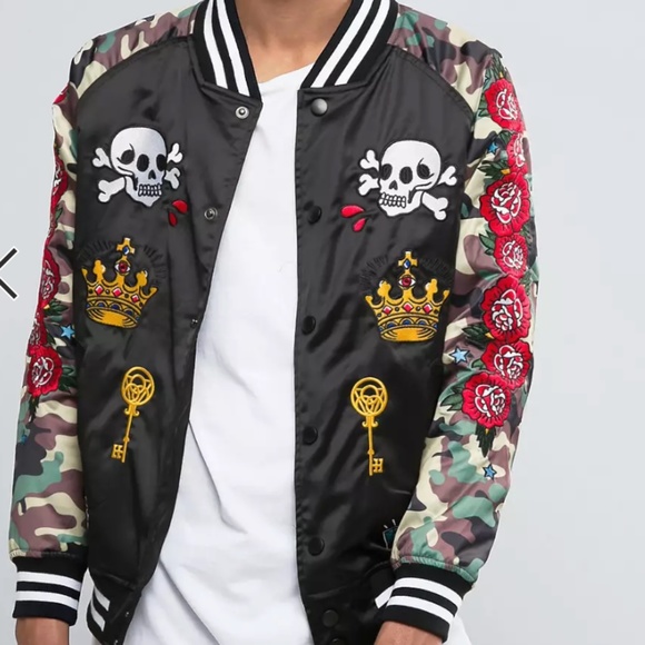 Reason | Jackets & Coats | Reason Embroidered Souvenir Bomber Jacket With Camo Sleeves M | Poshmark